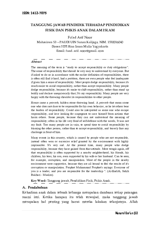 (PDF) Tanggung Jawab Pendidik Terhadap Pendidikan Fisik Dan Psikis Anak Dalam Islam