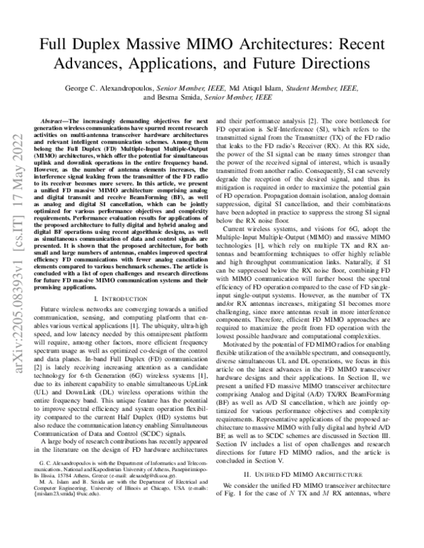 (PDF) Full Duplex Massive MIMO Architectures: Recent Advances, Applications, and Future Directions