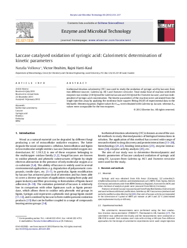 (PDF) Laccase catalysed oxidation of syringic acid: Calorimetric ...