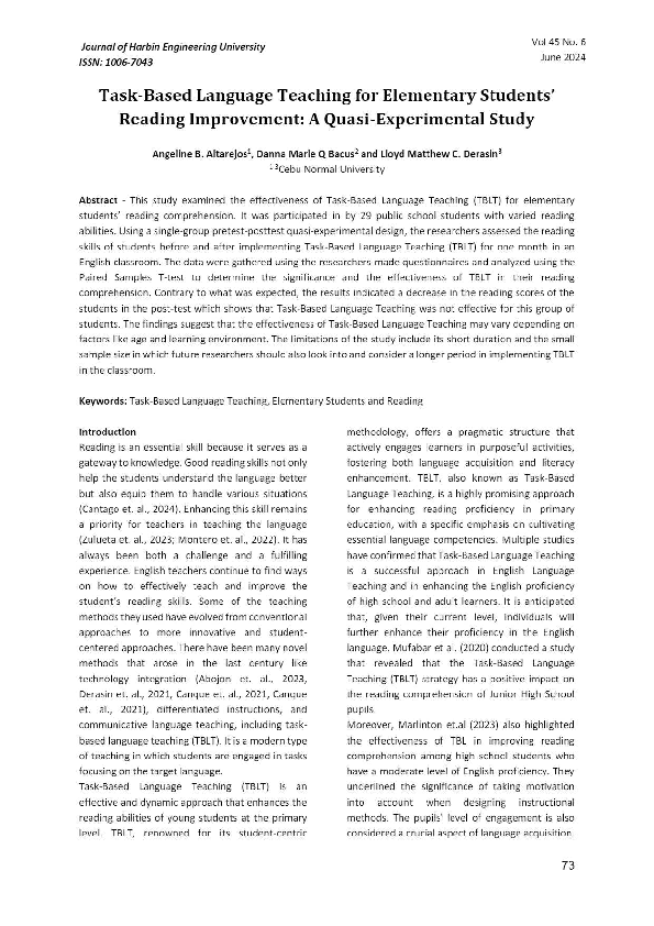 (PDF) Task-Based Language Teaching for Elementary Students’ Reading Improvement: A Quasi ...