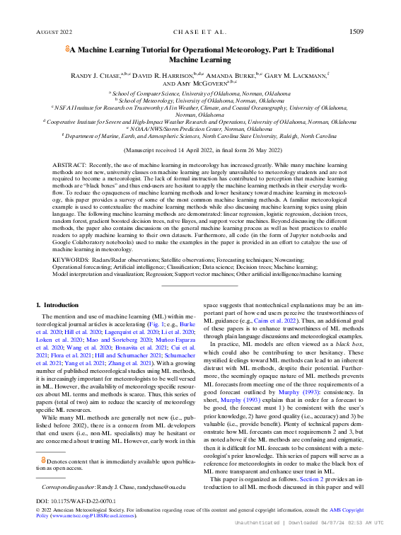 (PDF) A Machine Learning Tutorial for Operational Meteorology. Part I ...