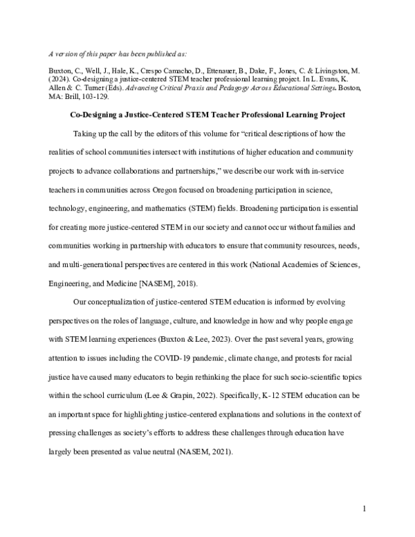 (PDF) Co-designing a justice-centered STEM teacher professional ...