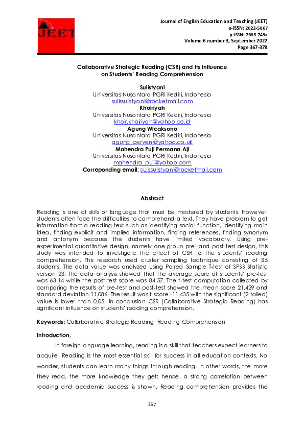 (PDF) Collaborative Strategic Reading (CSR) and Its Influence on ...