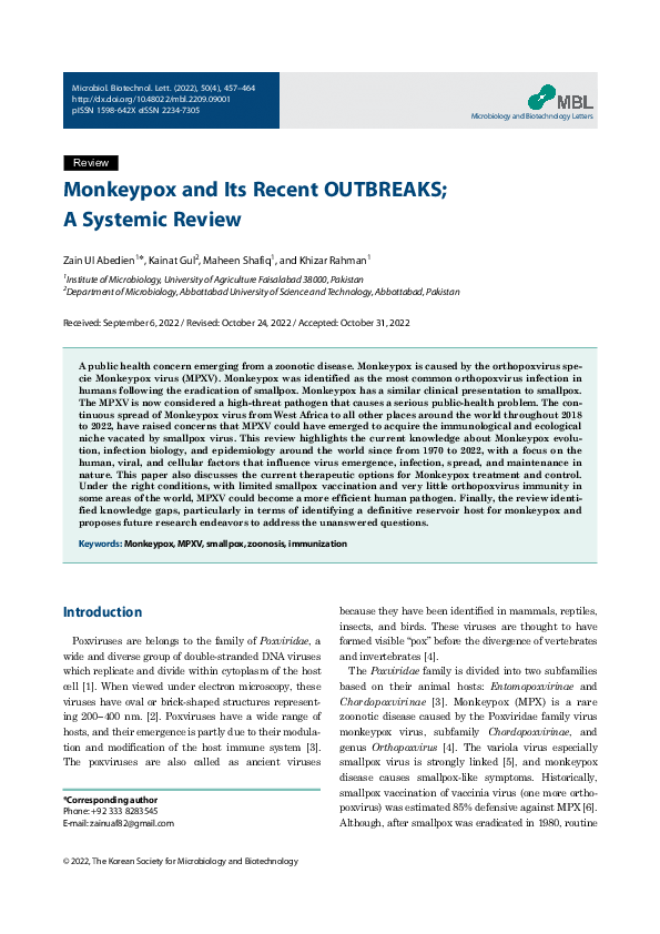 (PDF) Monkeypox and Its Recent OUTBREAKS; A Systemic Review