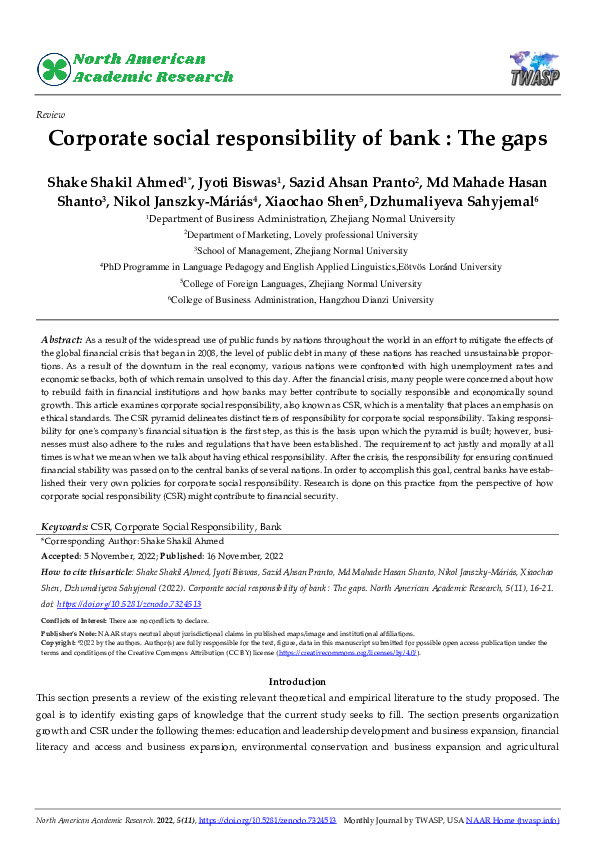 (PDF) Corporate social responsibility of bank : The gaps