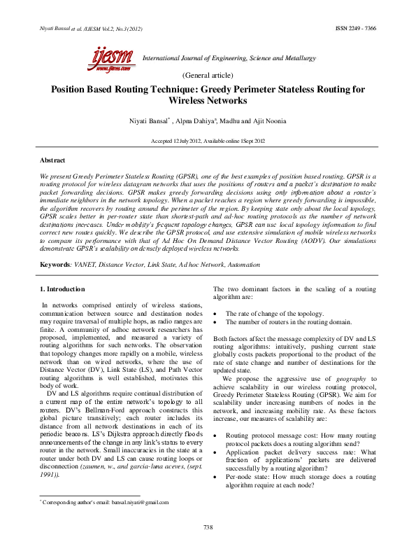 (PDF) Position Based Routing Technique: Greedy Perimeter Stateless ...
