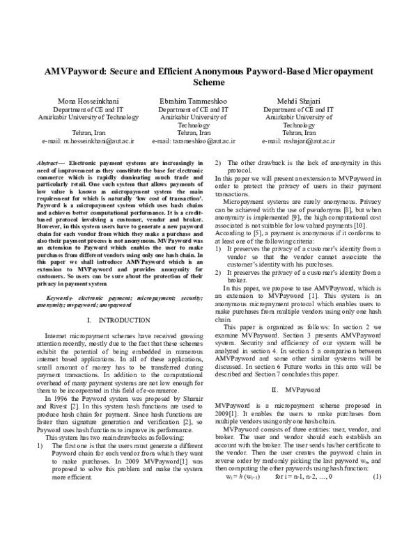 (PDF) AMVPayword: Secure and Efficient Anonymous Payword-Based Micropayment Scheme