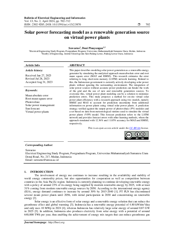 Pdf Solar Power Forecasting Model As A Renewable Generation Source On