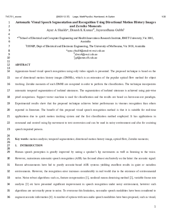 (PDF) Automatic visual speech segmentation and recognition using directional motion history ...