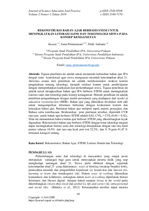 (PDF) Rekonstruksi Bahan Ajar Berbasis Stem Untuk Meningkatkan Literasi Sains Dan Tekonologi ...