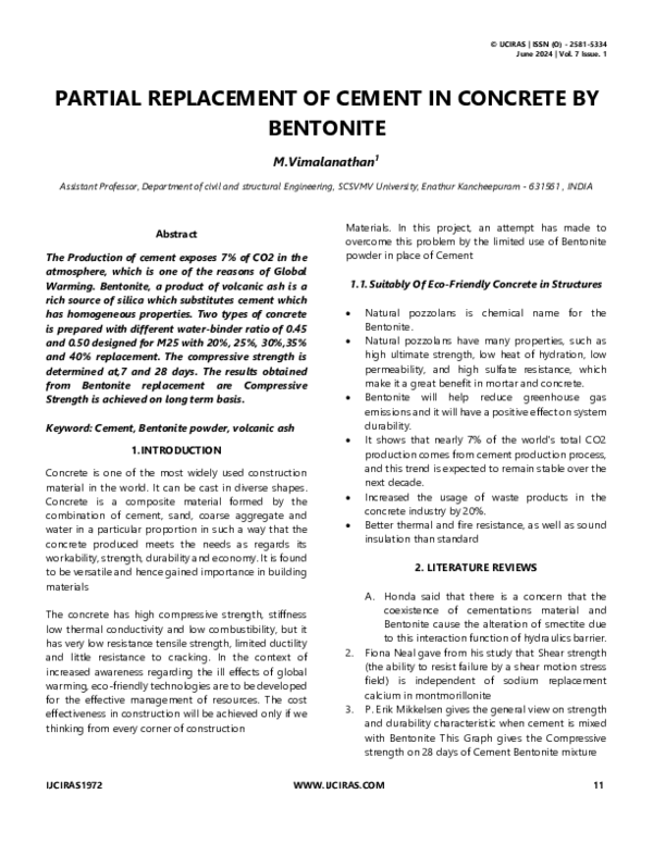 (PDF) PARTIAL REPLACEMENT OF CEMENT IN CONCRETE BY BENTONITE