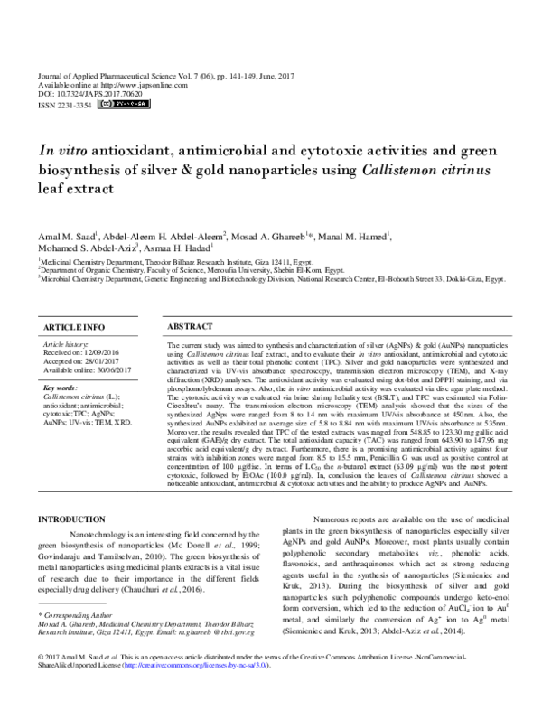 (PDF) In vitro antioxidant, antimicrobial and cytotoxic activities and green biosynthesis of ...