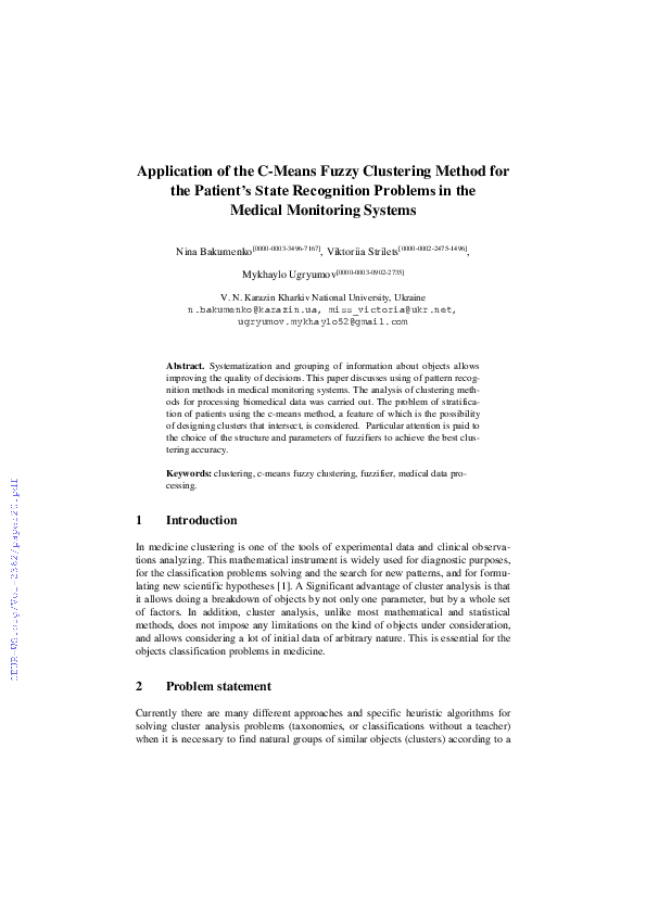 (PDF) Application of the C-Means Fuzzy Clustering Method for the Patient's State Recognition ...