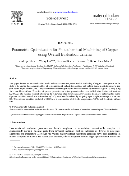 (PDF) Parametric Optimization for Photochemical Machining of Copper using Overall Evaluation ...