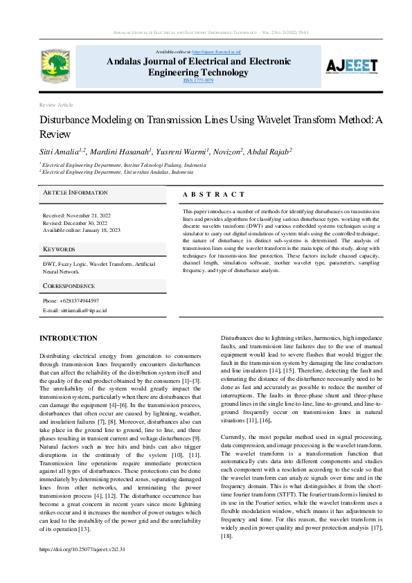 (PDF) Disturbance Modeling on Transmission Lines Using Wavelet Transform Method: A Review