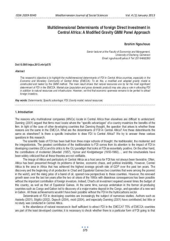 (PDF) Multidimensional Determinants of foreign Direct Investment in Central Africa: A Modified ...
