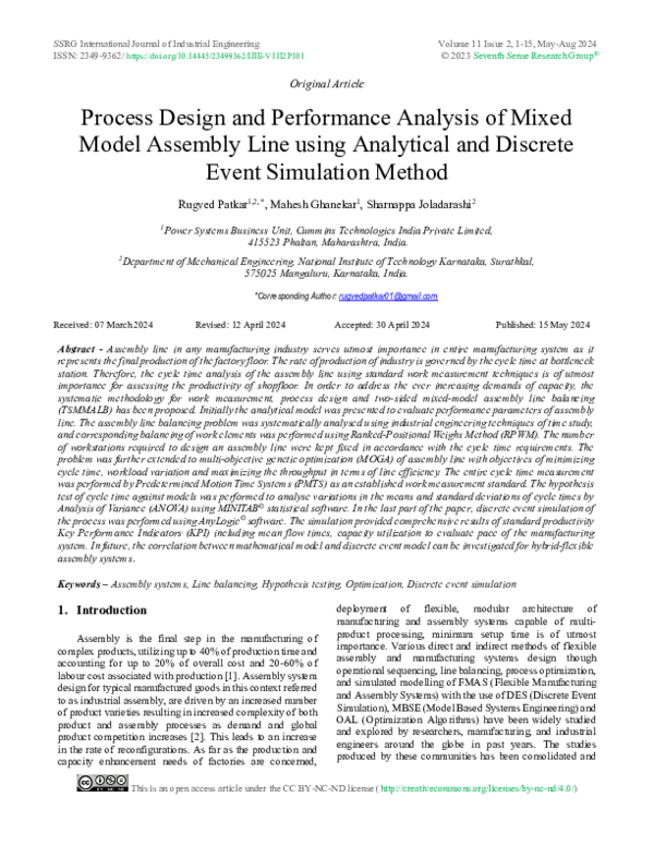 (PDF) Process Design and Performance Analysis of Mixed Model Assembly Line using Analytical and ...