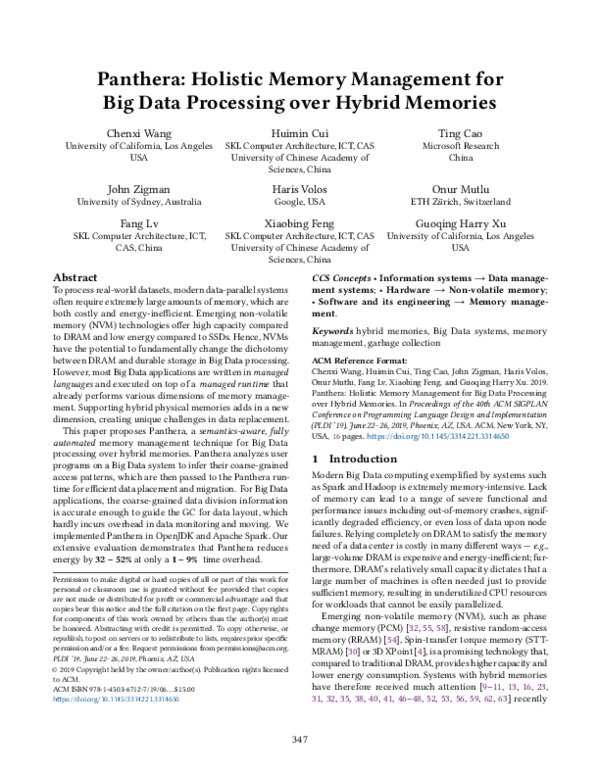 (PDF) Panthera: holistic memory management for big data processing over hybrid memories