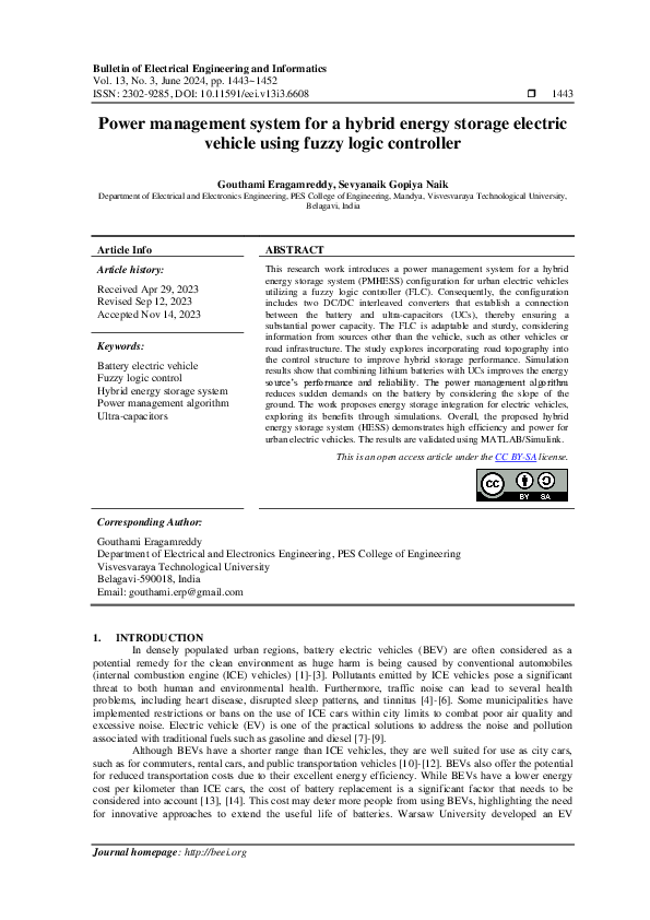 (PDF) Power management system for a hybrid energy storage electric vehicle using fuzzy logic ...