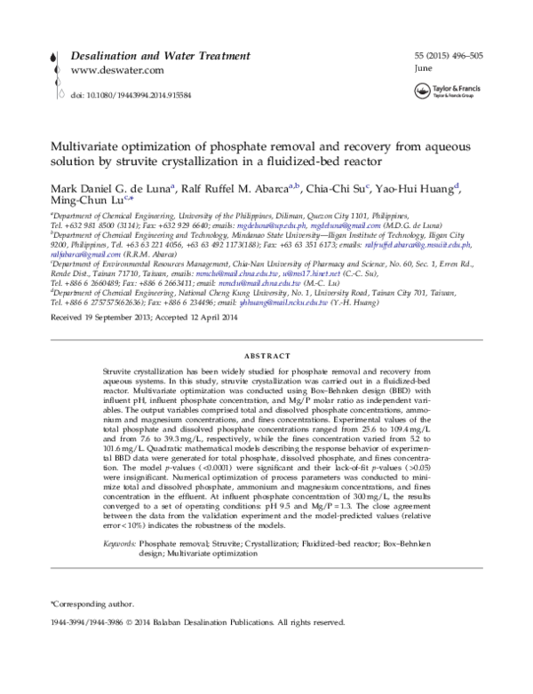 (PDF) Multivariate optimization of phosphate removal and recovery from aqueous solution by ...