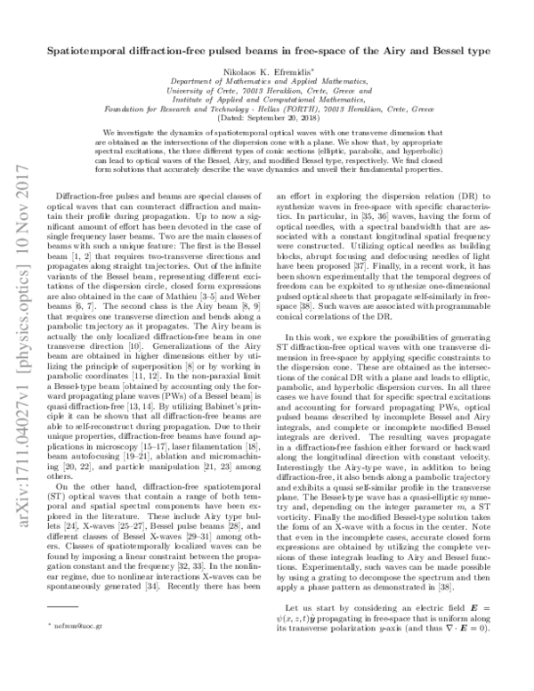 (PDF) Spatiotemporal diffraction-free pulsed beams in free-space of the ...