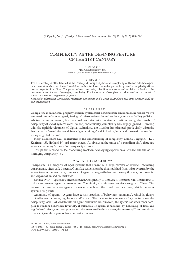 (PDF) Complexity as the defining feature of the 21st century