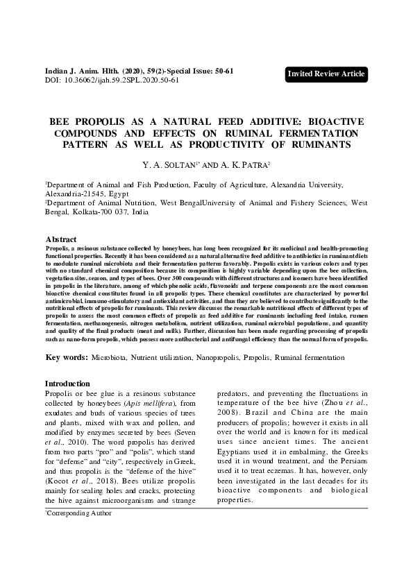 (PDF) Bee propolis as a natural feed additive: Bioactive compounds and effects on ruminal ...