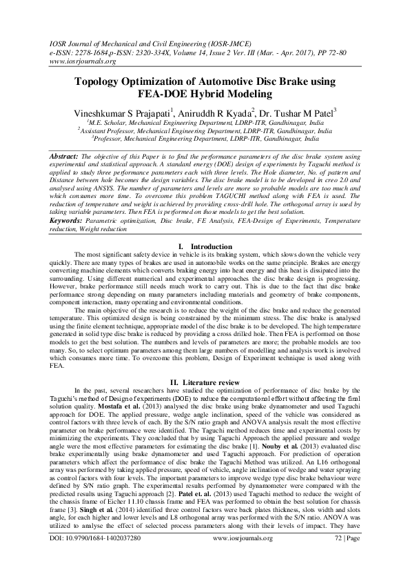 (PDF) Topology Optimization of Automotive Disc Brake using FEA-DOE ...