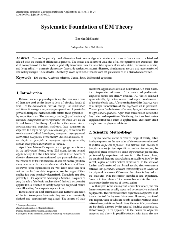 (PDF) Electrodynamics of moving bodies: Systematic foundation of EM theory