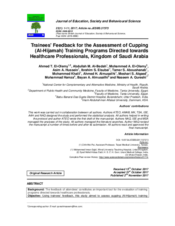 (PDF) Trainees' Feedback for the Assessment of Cupping (Al-Hijamah) Training Programs Directed ...