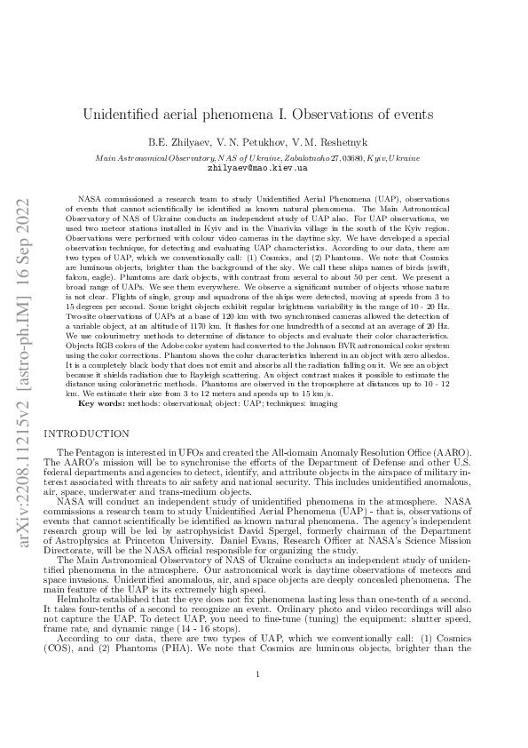 (PDF) Unidentified aerial phenomena I. Observations of events