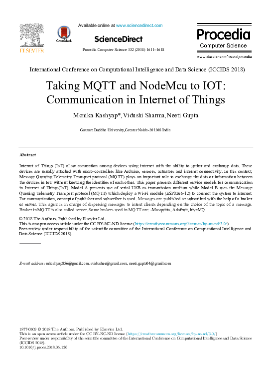 (PDF) Taking MQTT and NodeMcu to IOT: Communication in Internet of Things