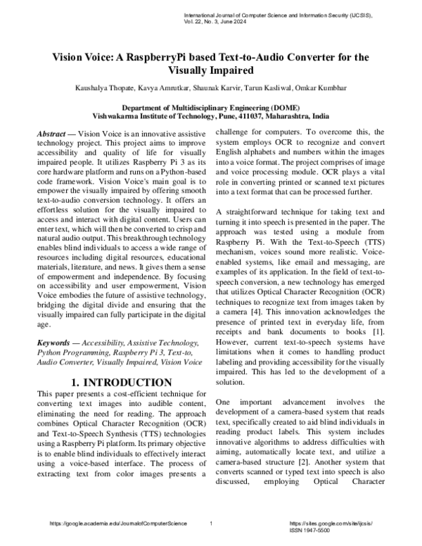 (PDF) Vision Voice: A RaspberryPi based Text-to-Audio Converter for the ...