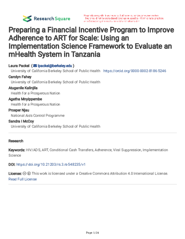 (PDF) Preparing a Financial Incentive Program to Improve Adherence to ART for Scale: Using an ...