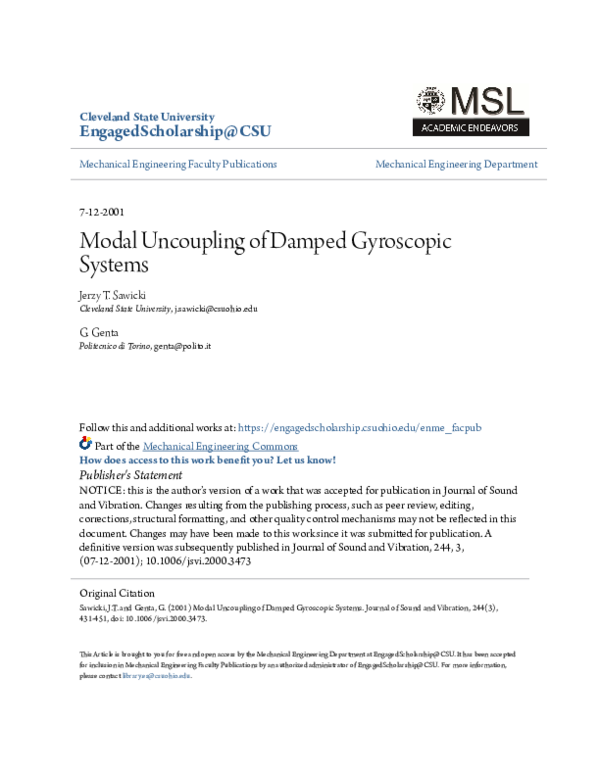 (PDF) Modal Uncoupling of Damped Gyroscopic Systems | Giancarlo Genta - Academia.edu