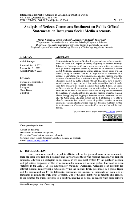 (PDF) Analysis of Netizen Comments Sentiment on Public Official ...