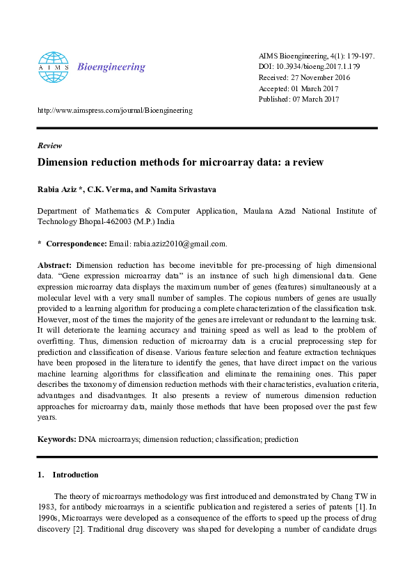 (PDF) Dimension reduction methods for microarray data: a review