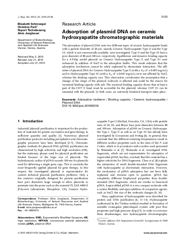 (PDF) Adsorption of plasmid DNA on ceramic hydroxyapatite ...