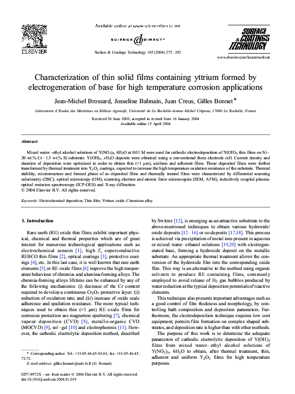 (PDF) Characterization of thin solid films containing yttrium formed by electrogeneration of ...