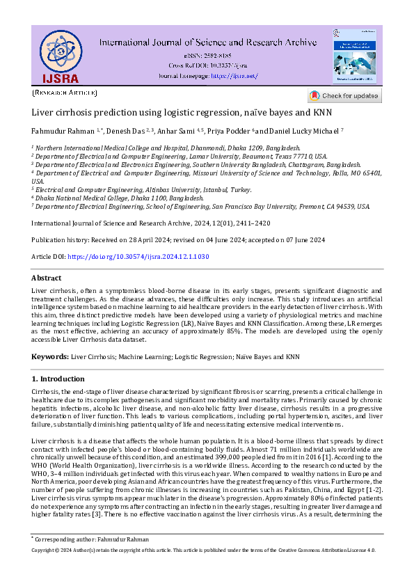 (PDF) Liver cirrhosis prediction using logistic regression, naïve bayes and KNN