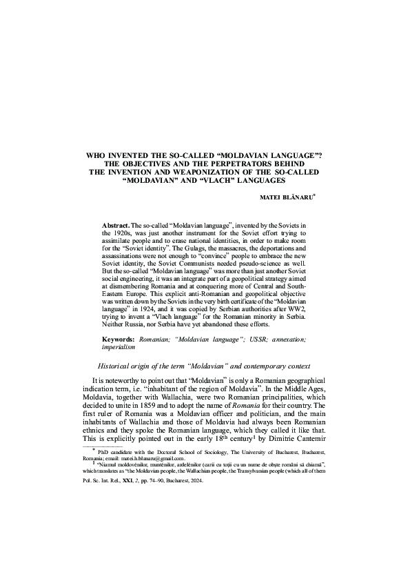 (PDF) WHO INVENTED THE SO-CALLED "MOLDAVIAN LANGUAGE"? THE OBJECTIVES ...