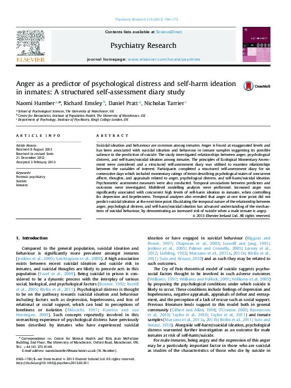 (PDF) Anger as a predictor of psychological distress and self-harm ...