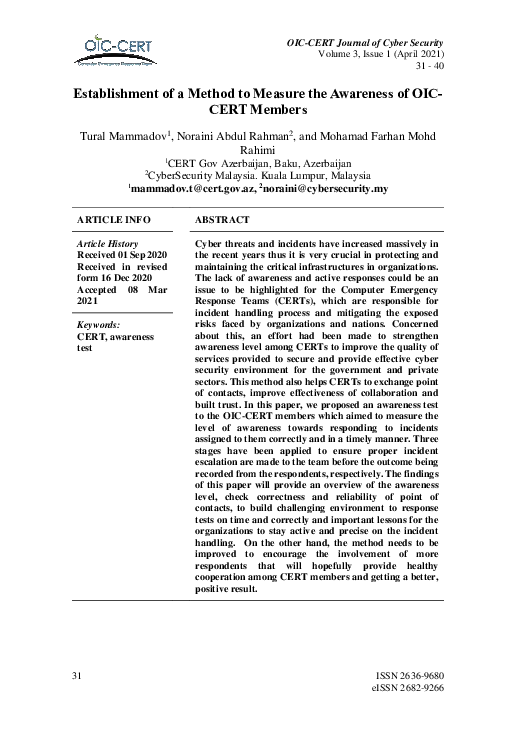 (PDF) Establishment of a Method to Measure the Awareness of OIC-CERT ...