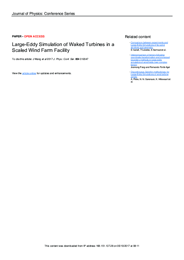 Pdf Large Eddy Simulation Of Waked Turbines In A Scaled Wind Farm Facility Filippo
