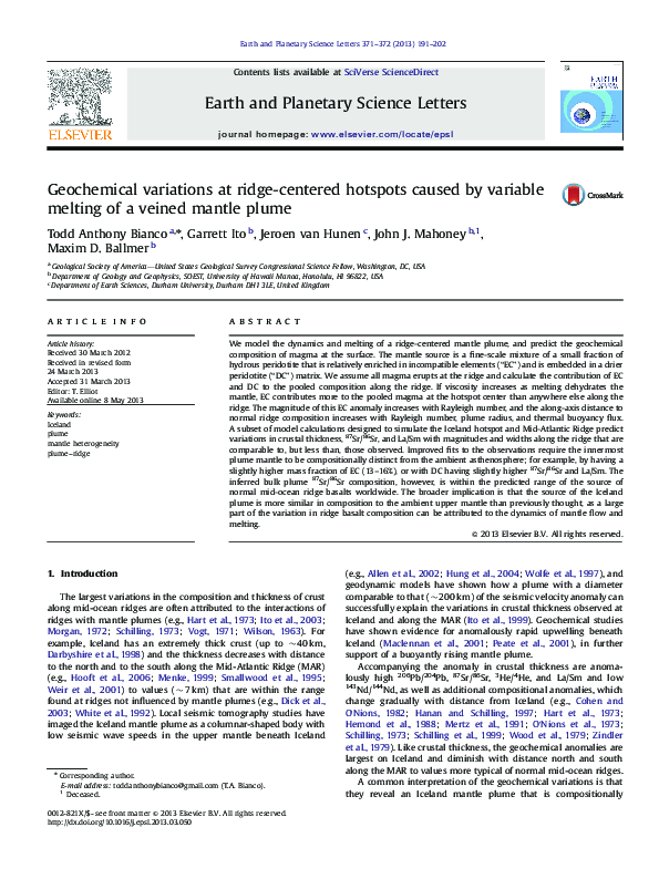 (PDF) Geochemical variations at a ridgecentered hotspot caused by variable melting of a veined ...
