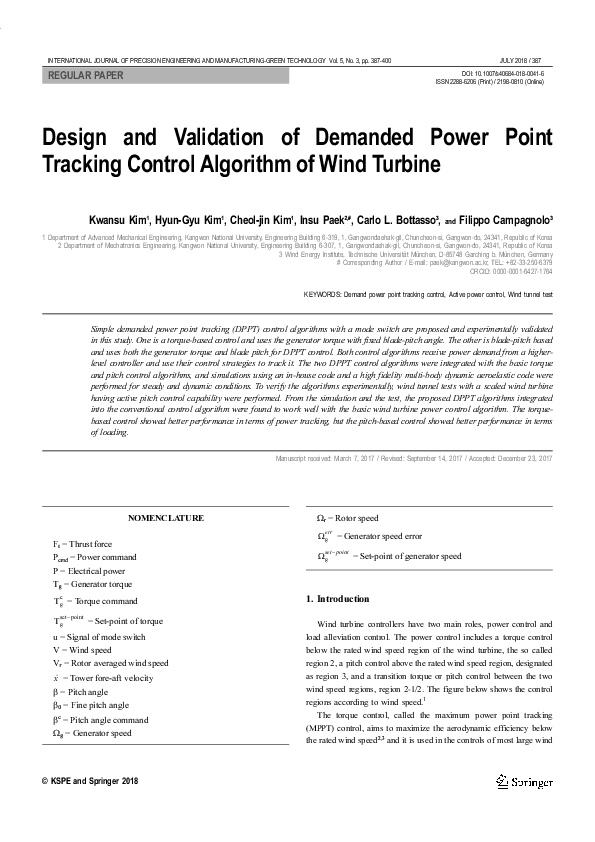 (PDF) Design and Validation of Demanded Power Point Tracking Control Algorithm of Wind Turbine