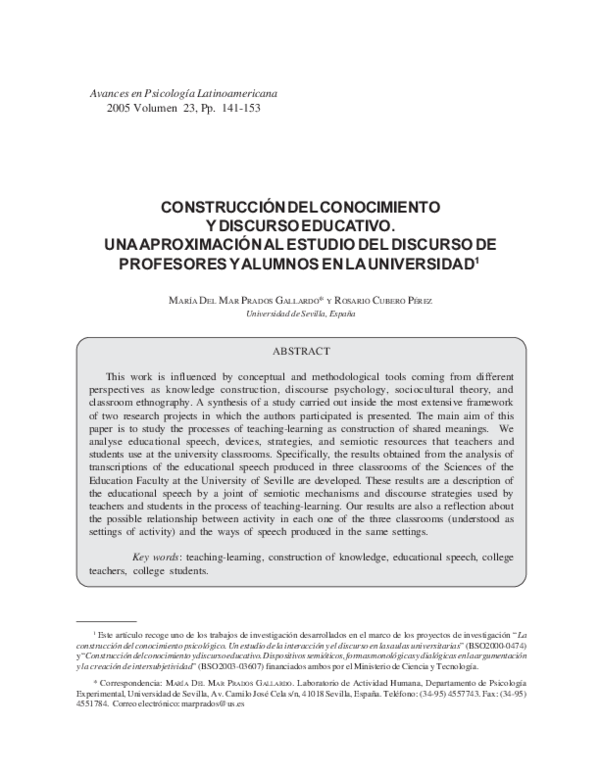 (PDF) Construcci"N Del Conocimiento y Discurso Educativo. Una Aproximaci"N Al Estudio Del ...