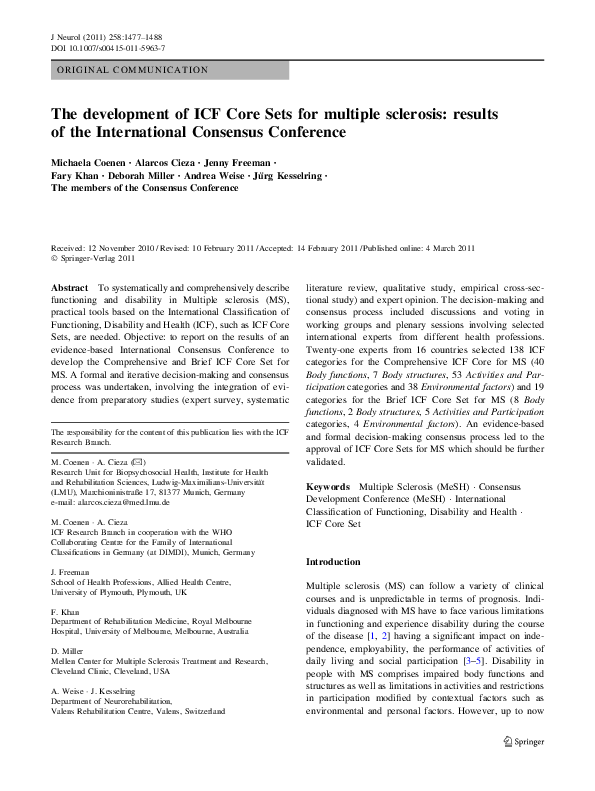 (PDF) The development of ICF Core Sets for multiple sclerosis: results ...