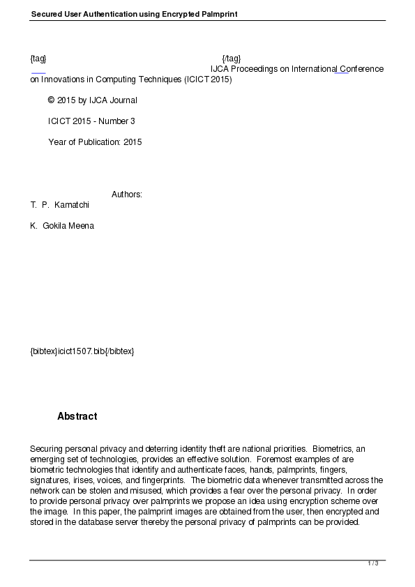 (PDF) Secured User Authentication using Encrypted Palmprint | T. P. Kamatchi PSG-PTC - Academia.edu