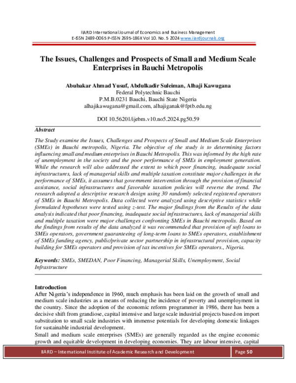 (PDF) The Issues, Challenges and Prospects of Small and Medium Scale Enterprises in Bauchi ...